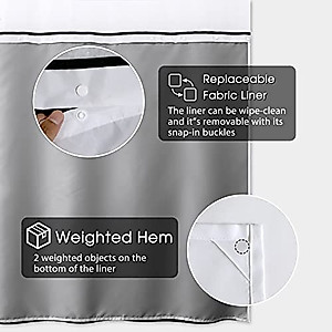 Black Shower Curtain with Snap in Liner Set, Polyester Shower Curtains for Bathroom,Waterproof Shower Curtain with 12 Hooks, Machine Washable, Heavyweight Fabric & Mesh Top Window 72 X 72 Inches