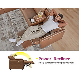 AMERLIFE Reclining Sectional Sofa, Power Recliner with Console& Single Right Recliner, 6 Seats L Shaped Couch with Cup Holder& Charging Port, Leather Modular Couch for Living Room