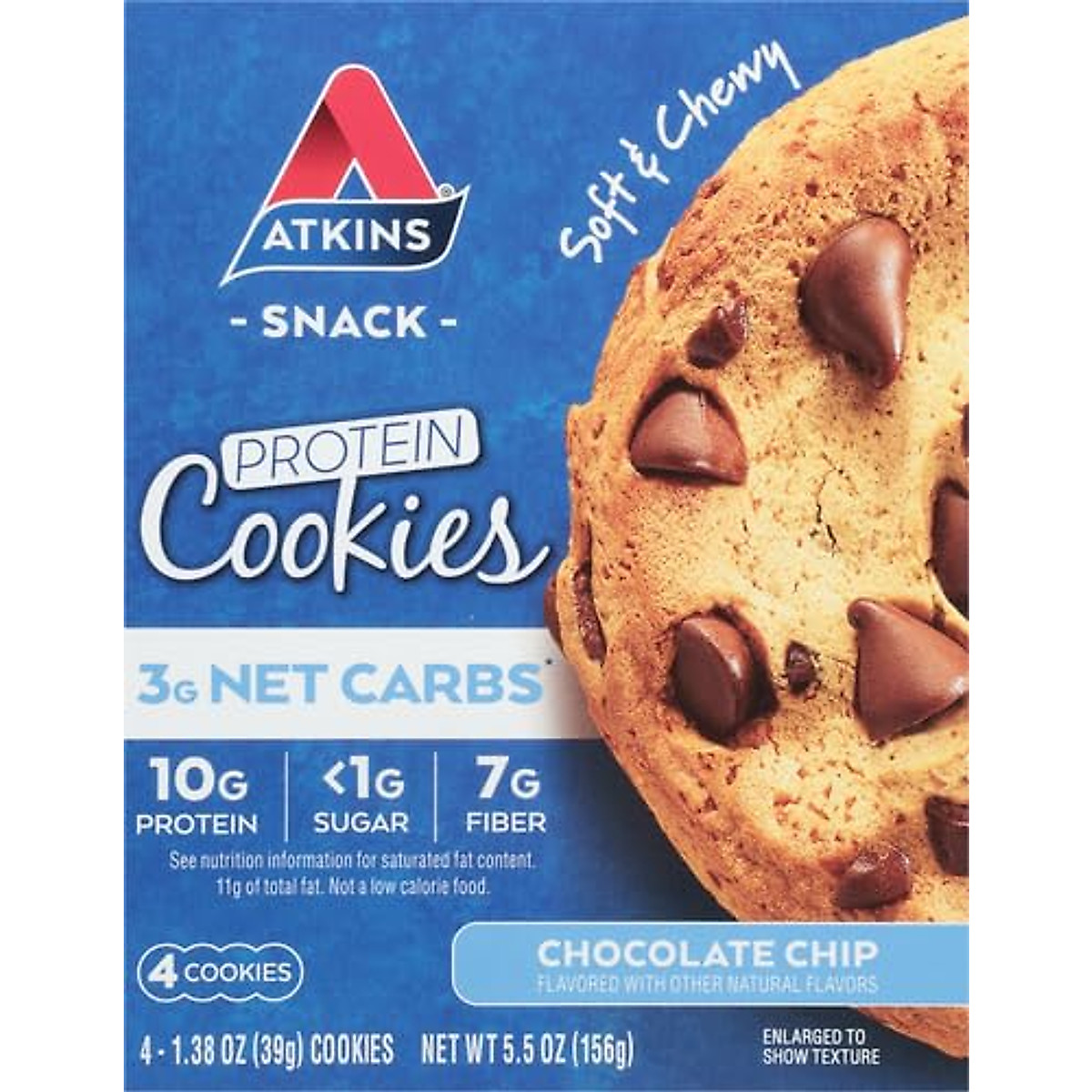 Atkins Chocolate Chip Protein Cookie, Protein Dessert, Rich in Fiber, 3g Net Carb, 1g Sugar, Keto Friendly, 4 Count