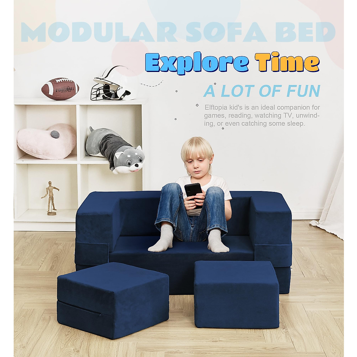 Elftopia Modular Kids Sofa,Toddler Couch Foam Armchair for Kids, Children Convertible Plush Sofa Play Set,Fold Out Sofa Bed(Navy)