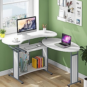 LITTLE TREE L-Shaped Computer Desk, Rotating Corner Desk & Modern Office Study Workstation, for Home Office or Living Room (White)