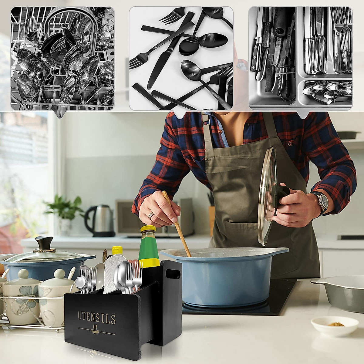 Yleric kitchen utensil organizer for countertop,wooden utensil holder organizer-5 compartments with splints,The tableware rack is used for storing knives, forks, spoons and napkins. (black)