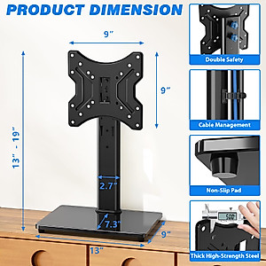Rfiver Universal Swivel Tabletop TV Stand for Flat Screens 23 24 26 32 39 40 42 43 Inch, Heavy Duty Center Pedestal Stand Replacement with Black Tempered Glass Base and Height Adjustable Mount