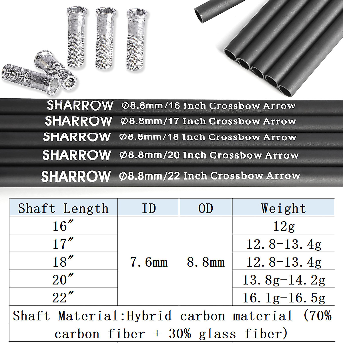 limaity Crossbow Arrow Shafts Carbon Arrow Shaft Bolts Short Bare Arrow Shaft 16 17 18 20 22 Inch DIY Hunting Archery with Aluminium Insert (22inch, Black)