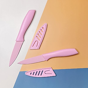 2 pcs Kitchen Knife Set 3.5” Paring Knife with Sheath + Peeler Non Stick stainless steel blade Pink Combo (2 Pink Knives)