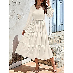 MEROKEETY Women's Long Sleeve Smocked Fall Dress A Line Tiered Midi Maxi Dress with Pockets,Beige,M