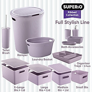 Superio Ribbed Collection - Decorative Plastic Bathroom Accessories Set, Lilac Purple (Set of 4) Soap Dish, Liquid Dispenser, Toothbrush Holder Cup, Vanity Organizer Tray - Bathroom Decor Gift
