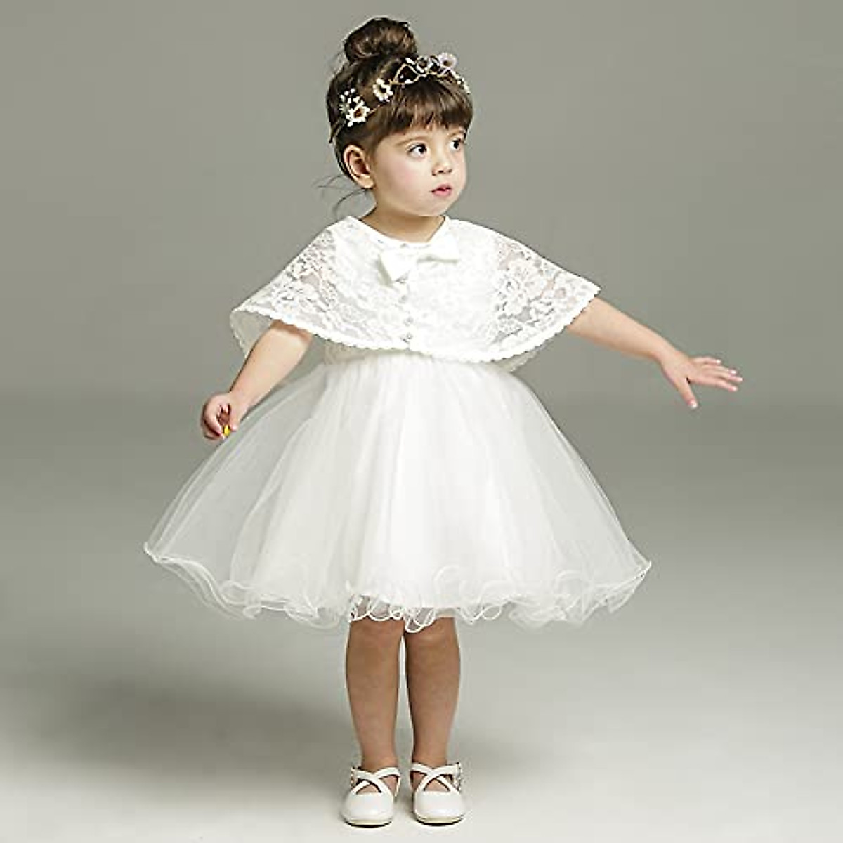 Meiqiduo Baby Princess Girls Christening Baptism Gowns Formal Dress 2Pcs Ivory White with Cloak (18M/16-18months)