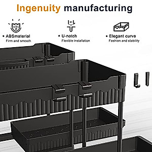 Sevenblue 2 Pack Under Sink Organizers and Storage, 2 Tier Sliding Bathroom organizer,Multi-Use Under Kitchen Cabinet Storage Shelf (Black 2Pack)
