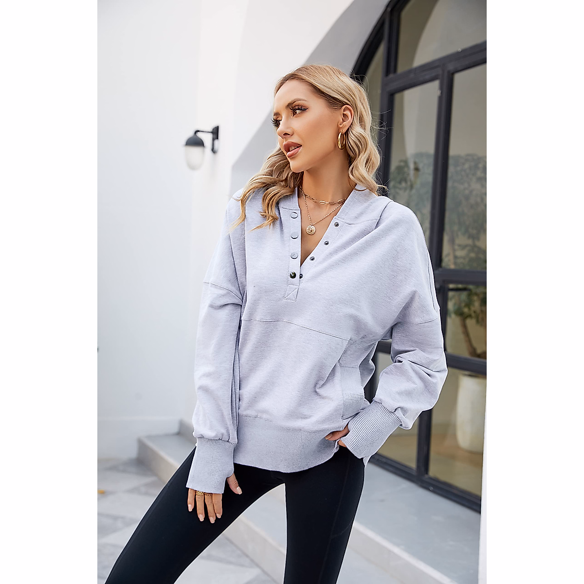 YMYDYFC Women Casual Oversized Hoodies Button Down Shirt V Neck Henley Sweatshirt Pullover Hooded Tops with Pockets Light Gray Small