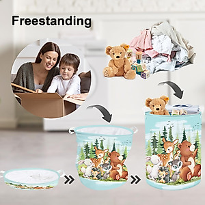 Clastyle 45L Large Blue Jungle Animal Fox Deer Kid Laundry Hamper with Handle Collapsible Rabbit Bear Hedgehog Clothes Toy Storage Basket with Lid for Nursery