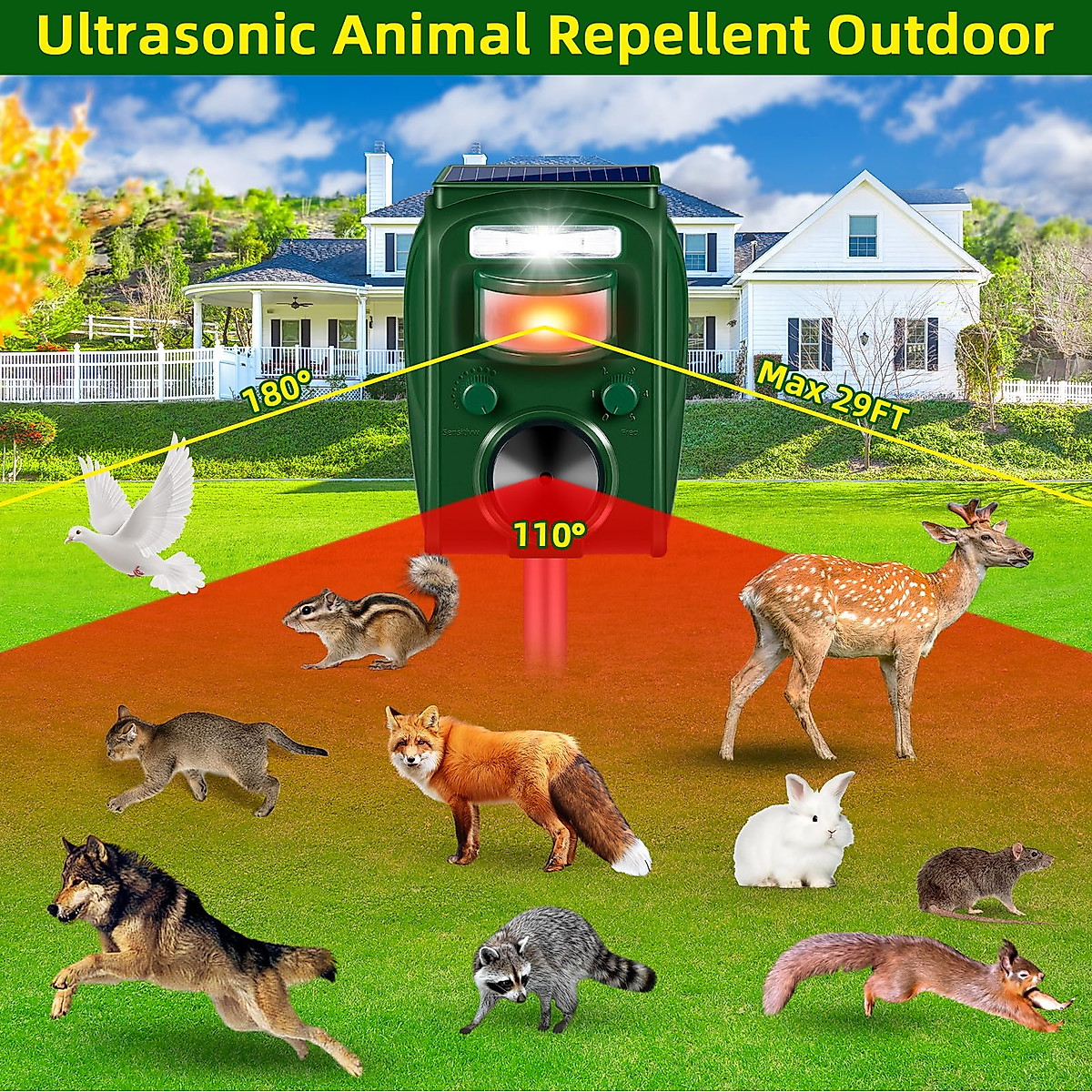 Ultrasonic Animal Repellent Deer Repellent Cat Repellent Outdoor with 5 Frequency Mode & Motion Sensor & Strobe Light Solar Animal Repeller Deterrent Raccoon Repellent Repel Dog Skunk Rabbit Away Yard