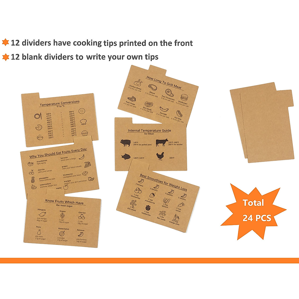 Recipe Card Dividers 4x6 with Tabs (Set of 24) Includes Printed Cooking Tips Recipe Box Dividers Made of Thick Cardstock Best Kitchen Gift (Kraft)