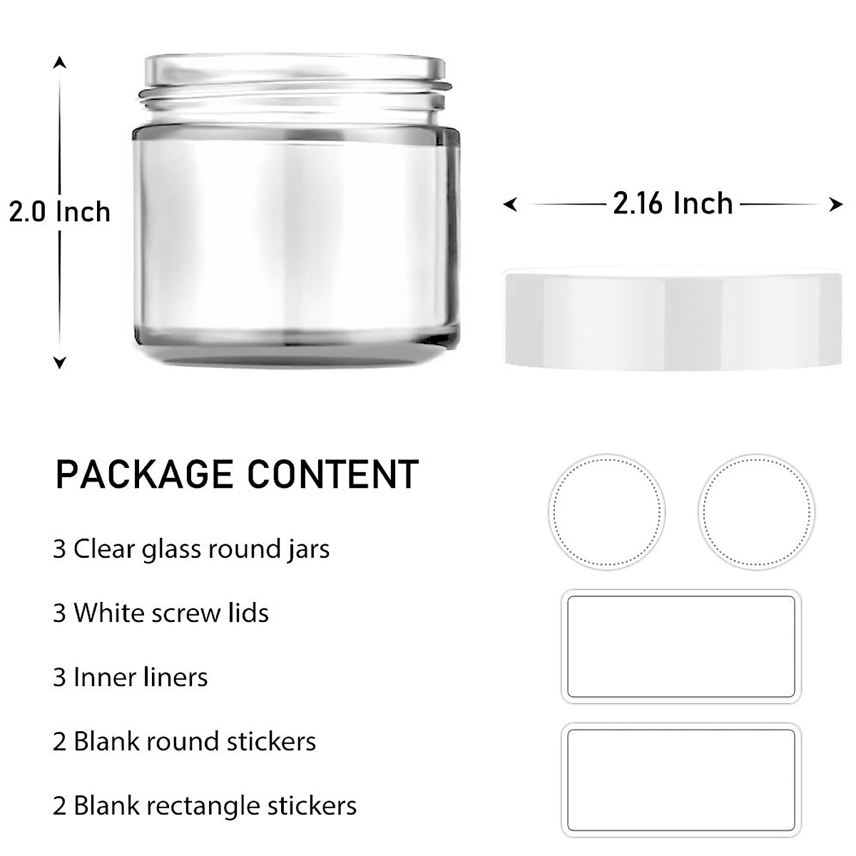 2 oz Glass Jars with Lids, Bumobum 3 pack Clear Small Jar with White Lids, Blank Labels & Inner Liners, 60 ml Empty Round Cosmetic Containers for Sample, Powder, Cream, Lotion, Spice