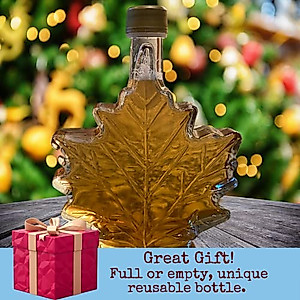 Maple Tapper Glass Maple Syrup Bottles Jars (Set of 3) with (6) Self-Sealing Caps – Reusable Leaf Shaped, Food Grade Canning Bottles 250 ml, 8.4 oz for Sugarmaking & 5 Recipe Cards, Instructions