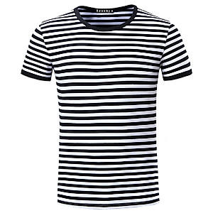 Ezsskj Men's Youth Short Sleeve Crew Neck Striped T Shirt Tee Outfits Tops Medium Black