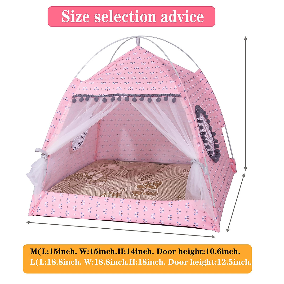 Gigreinc Cat Princess Indoor Tent House Pet Dog Cute Floral Cave Nest Bed Portable Dog Tents (M:38x38x36cm/15x15x14inch, Floral Pink)