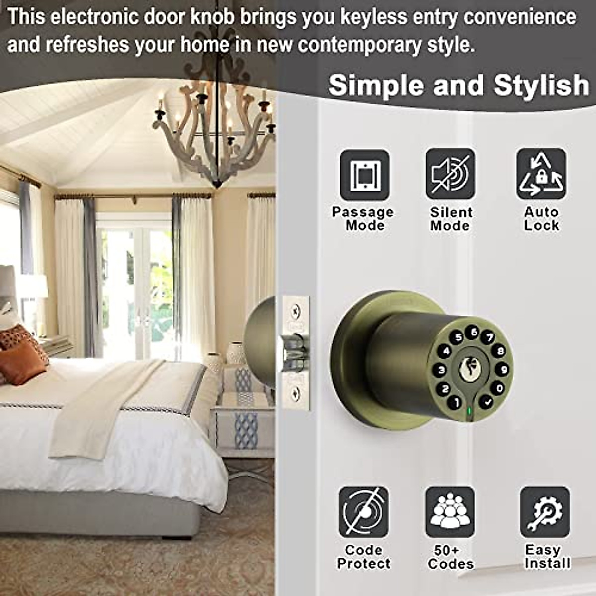 iulock Code Door Lock, Electronic Door Knob with Keypad and Key, Auto Lock, Waterproof, Passage Function, Long Battery Life,50 Codes, Easy to use and Install for Office/Warehouse/Bedroom/Garage