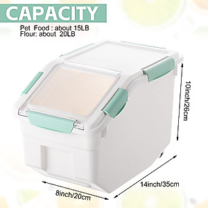 Purpeak 4 Pack Grain Rice Storage Bin Flour Storage Container 20 Lbs with Wheels Measuring Cup Airtight Lid Plastic Cereal Pet Food Storage Boxes for Dry Food Sugar Baking Cat Bird Dog Food (Green)