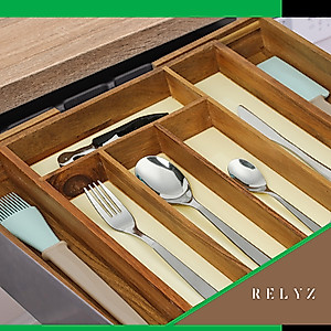 RELYZ Premium Acacia Expandable Drawer Organizer - Superior Tray with Groove Dividers for Cutlery (7 Slots, Natural)