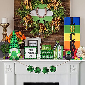 47 PCS St.Patricks Day Tiered Tray Decor Set with Led String - 1pc Gnome Plush, 3pcs Wood Sign, Little Wood Shamrock Banner, St.Patrick's Day Pot of Gold (40pcs Coins) - Irish Party Decor for Home