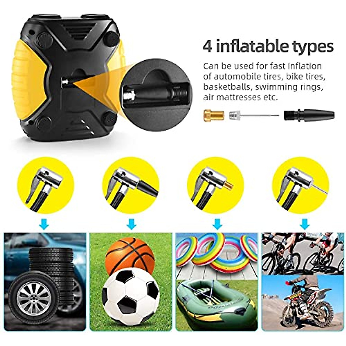 WindGallop Digital Car Tire Inflator Portable Air Compressor for Car Tire Pump Automatic 12v Electric Car Air Pump for Car Tires with Tire Pressure Gauge Valve Adaptors LED Light Yellow