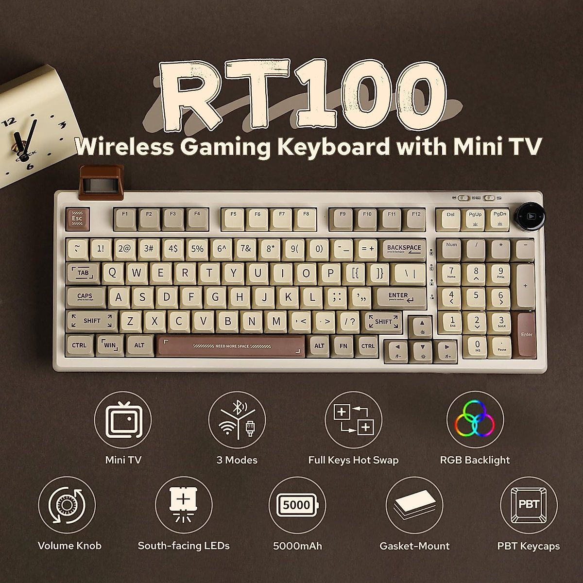 EPOMAKER RT100 Mechanical Keyboard, Retro Gaming Keyboard, with Display Screen, BT5.0/2.4G/USB-C 97 Keys Gasket Custom Keyboard, Hot Swappable, RGB Backlit, with Knob for Win/Mac (Gateron Pro Yellow)