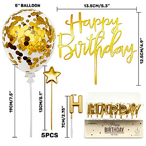 MOVINPE Gold Cake Topper Decoration with Golden Happy Birthday Candles Happy Birthday Banner Confetti Balloon Stars For Rose Gold Theme Party Decor Boy Girl Kid Men Women Birthday Party Baby Shower