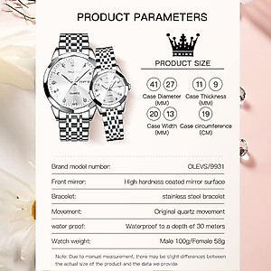 OLEVS Valentine's Day His and Her Couple Watches Fashion Dresse Matching Watches Quartz White Face White Stainless Steel Strap Luminous Waterproof Wrist Watch