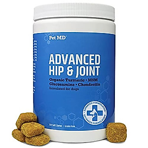 Pet MD Glucosamine for Dogs | Dog Joint Supplement with Glucosamine, Chondroitin & MSM - Inflammatory Pain Relief Chews for Hip & Joints - Bacon Flavored - Includes Yucca & Turmeric - 120 Ct