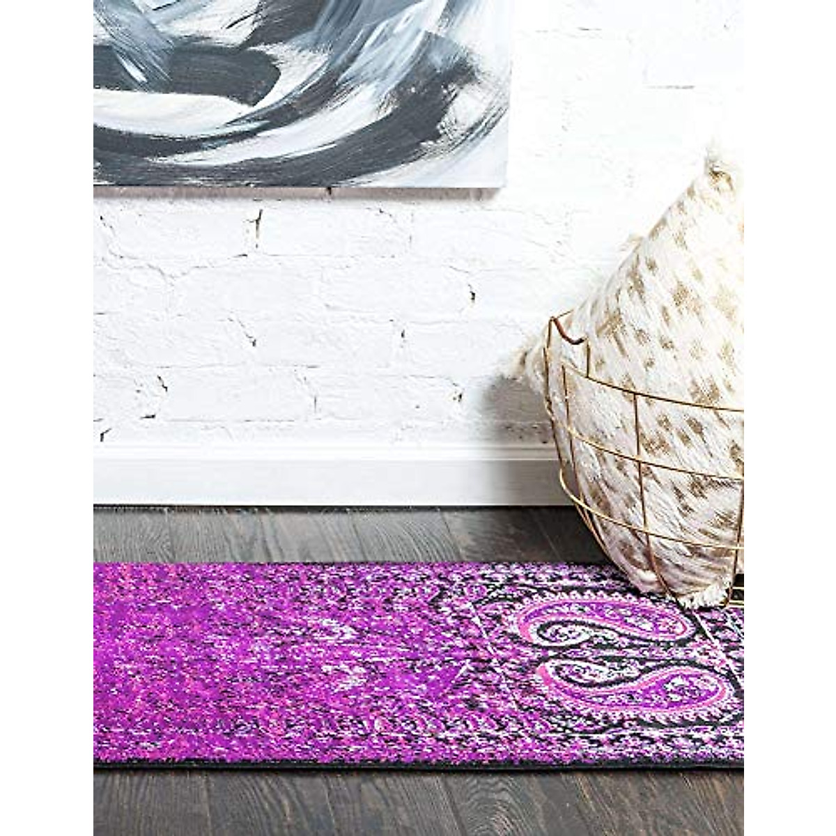 Unique Loom Imperial Collection Paisley, Distressed, Border, Vintage, Modern, Abstract Area Rug, 3 ft x 9 ft 10 in, Lilac/Black