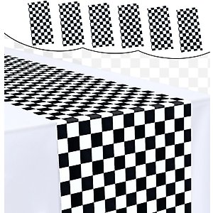 MUNILAIL 6 Pcs Black and White Checkered Table Runner 14 x 108 Plastic Table Runner for Race Car Theme Party Birthday Baby Shower Disposable Table Runner