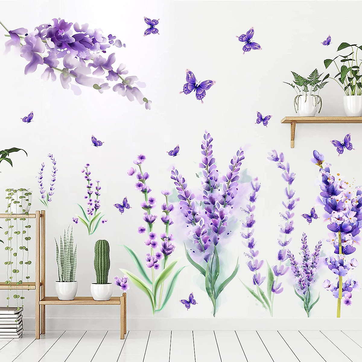 Removable Purple Lavender Wall Decals Purple Flowers Butterfly Wall Stickers DIY Removable Watercolor Floral Flowers Butterfly Wall Art Murals for Kids Girls Bedroom Living Room Nursery Office DT-6009