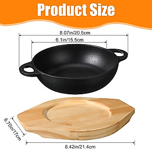 Jingmore 2 Sets Mini Cast Iron Skillet with Wooden Base Mini Cast Iron Sizzler Plates Skillet Mini Cast Iron Pan Round Fajita Plate Hot Steak Skillet Dish for Baking Cooking (6.1 Inch)