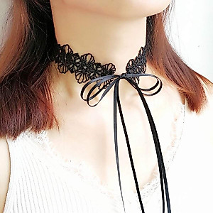 MauSong Black Lace Choker Gothic Necklace Choker Necklaces for Women Girls Tattoo Choker Necklace Long Bow Sexy Choker Girls Gothic Fashion Jewelry Adjustable