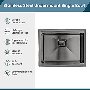 Strictly Sinks Undermount Workstation Kitchen Sink – Black 23 Inch 16 Gauge Single Bowl Kitchen Sink with Grid, Wooden Cutting Board, Colander, 1 Square Strainer Drain & 1 Garbage Disposal Adapter