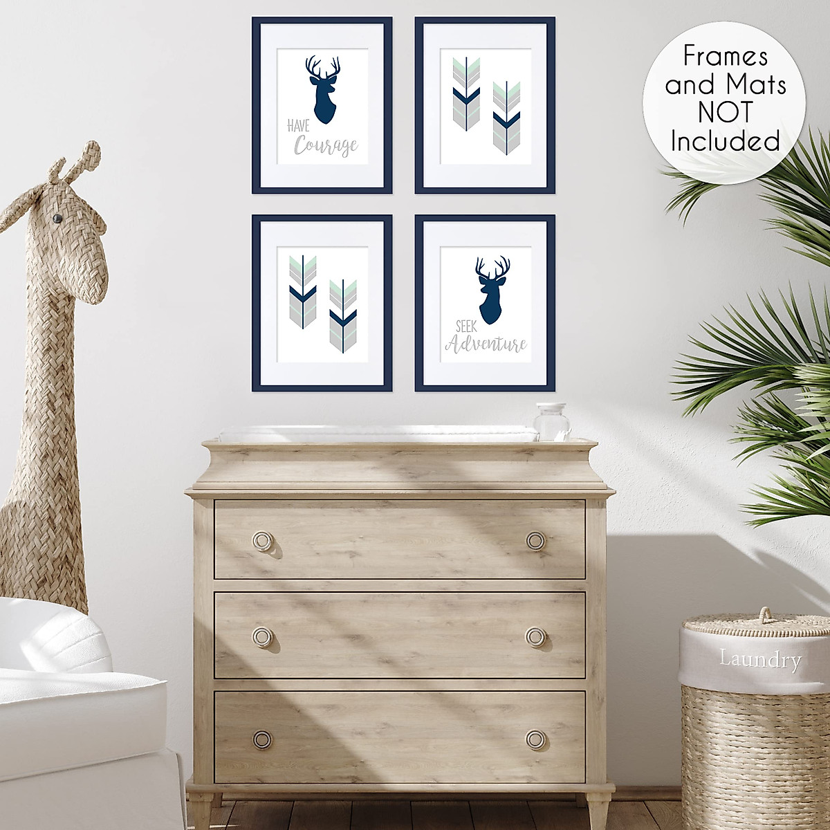 Sweet Jojo Designs Navy Blue, Mint and Grey Woodland Deer Wall Art Prints Room Decor for Baby, Nursery, and Kids for Woodsy Collection - Set of 4 - Seek Adventure Have Courage