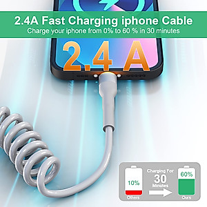 Coiled iPhone Lightning Cable Apple Carplay Cable MFi Certified, Retractable Apple Car Play Cord with Data Sync and LED, Short Coiled iPhone Charger Cable for iPhone/Pad/Pod, White
