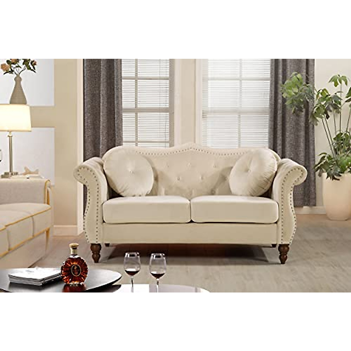 US Pride Furniture Anna Collection Modern Chesterfield Velvet Upholstered Sofa for Living Room with Elegant Rolled Arms, Solid Wood Frame & Accent Throw Pillows, Loveseat, Beige