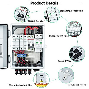 Solar Combiner Box, Briidea PV Combiner Box 4 String with 10A Circuit Breakers & Lightning Arreste for Solar Panels, IP 65 Waterproof