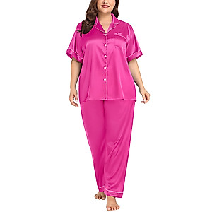 SWOMOG Satin Pjs for Women Plus Size Pj Set Summer Pajamas Smooth and Soft Pajama Set Comfy Nightwear 24W Rose Red