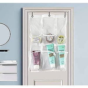 Home-X 6-Pocket Mesh Hanging Shower Caddy, Hang from Curtain Rods or Over the Door, Simple Bathroom Organizer for Soap, Shampoo, and More, 22" L x 15 ½” W, White