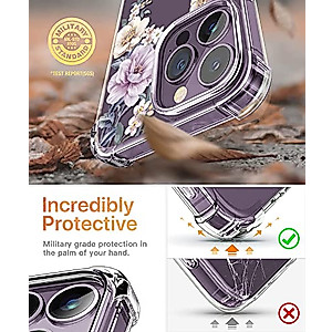 ROSEPARROT Designed for iPhone 14 pro max Case with Tempered Glass Screen Protector + Camera Lens Protector, Clear with Floral Pattern Design, Shockproof Protective Cover （Anemone Blooms）