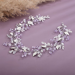 Teyglen Bridal Wedding Hair Vine Headband Silver Crystal Leaf Hair Pieces Handmade Blue Red Green Rhinestone Headpiece Hair Accessories for Women Bride Girls (Light Purple)