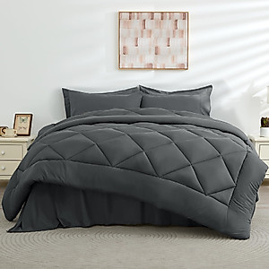 HEVUMYI Twin Comforter Set - 5-Piece All Season Bed in a Bag Twin, Ultra Soft Bedding Set with Comforter, Flat Sheet, Fitted Sheet, Pillowcases, Pillow Shams, Dark Grey