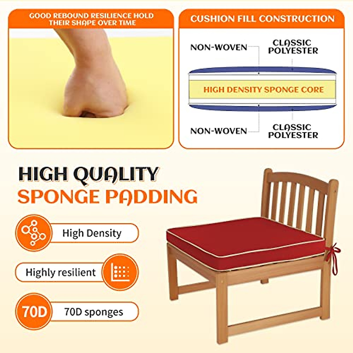 RULAER Patio Chair Cushion 20X20X4 Inch Outdoor Waterproof Seat Cushions Indoor Firm Yet Comfortable Square Dining Chair Pads Double Piping Washable Chair Pad (20x20x4（1pc）, Red)