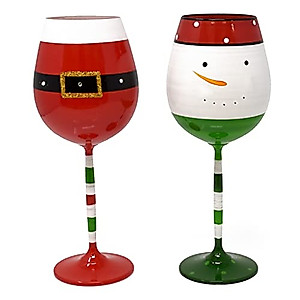 Gift Boutique Christmas Wine Glasses 16.8 Oz Set of 2 Festive Santa Belt and Snowman Drinking Goblets Cups with Stem Xmas Wineglass Gift Red Green and White Colored Painted Winter Glassware