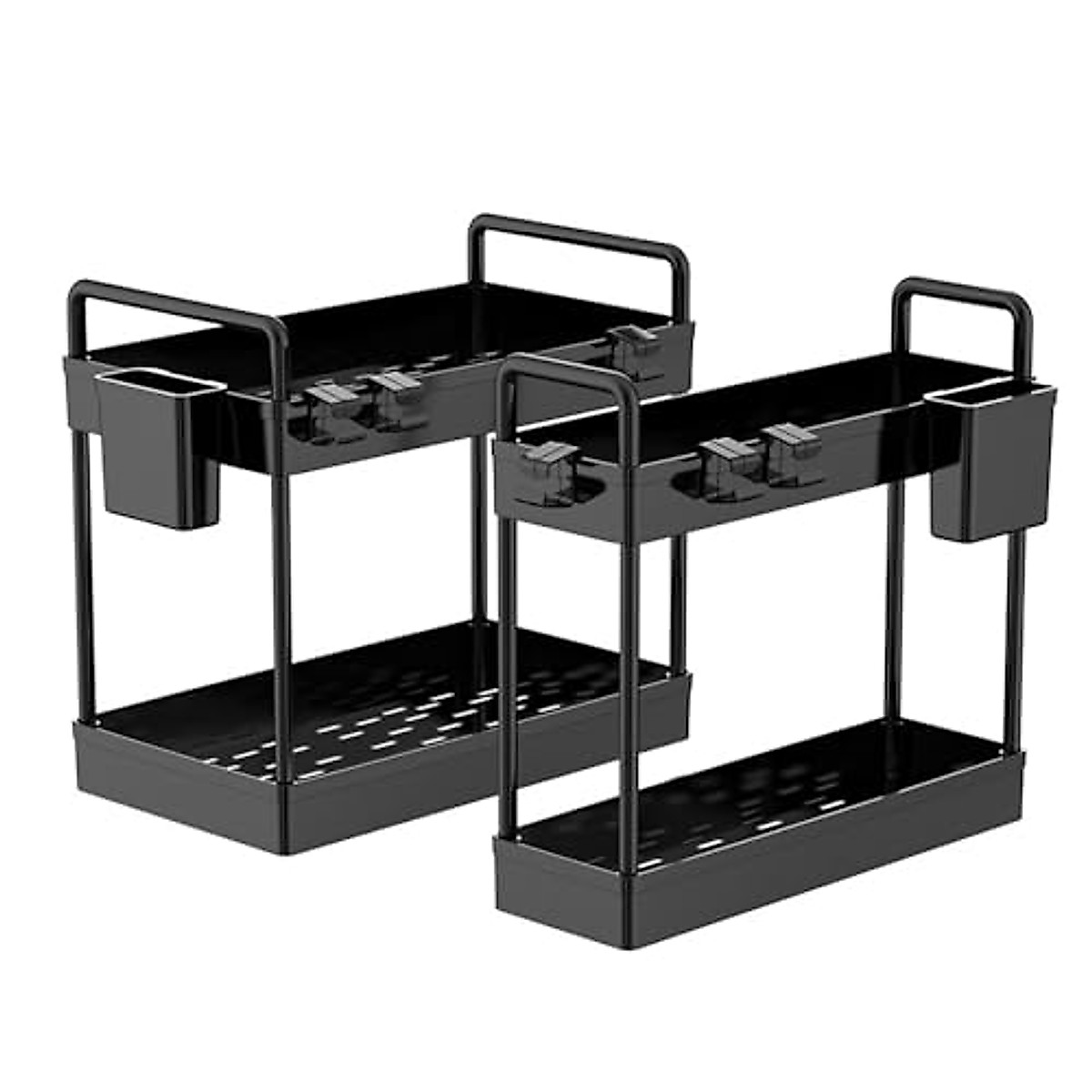 SLDMJFSZ 2-Tier Under Sink Organizer, Wide+Narrow Set Under Bathroom Cabinet Storage Organizer with Hooks, Hanging Cup,Black