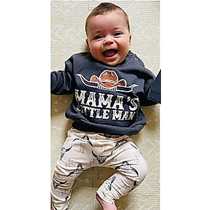 Omkzanbi 2Pcs Baby Boy Fall/Winter Clothes Long Sleeve Pullover Sweatpants Crewneck Sweatshirt Joggers Pants Western Outfit (Mama's Little Man Cow Printed Western Suit, 0-6 Months)