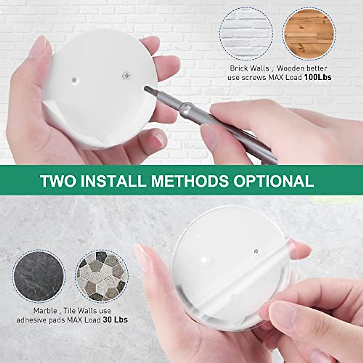 Shower Curtain Rod Holders for Wall – Kitosun Adhesive Tension Rod Retainer 3/5 Deep Support Brackets with Tape for No Drilling Quick Mount and Screws for Permanent Installation (2pcs,White)